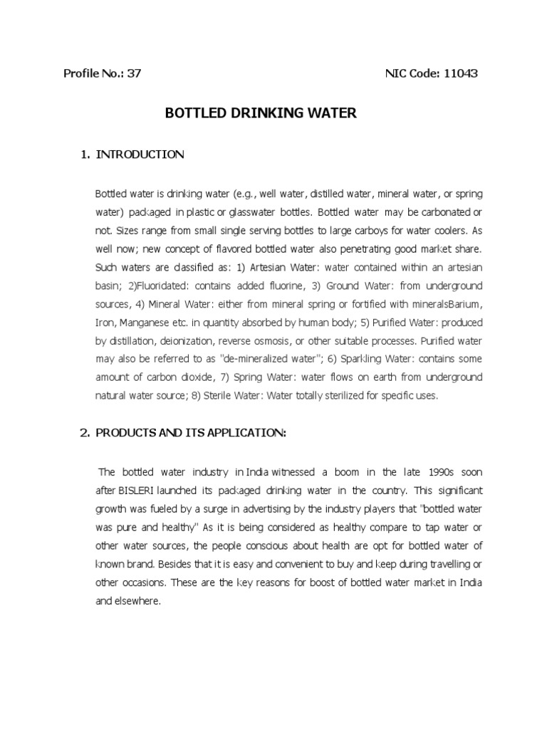 Bottled Drinking Water: Profile No.: 37 NIC Code: 11043 | PDF | Bottled ...