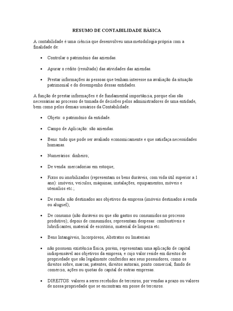 Resumo de Contabilidade Básica I | PDF | Contabilidade | Capital ...