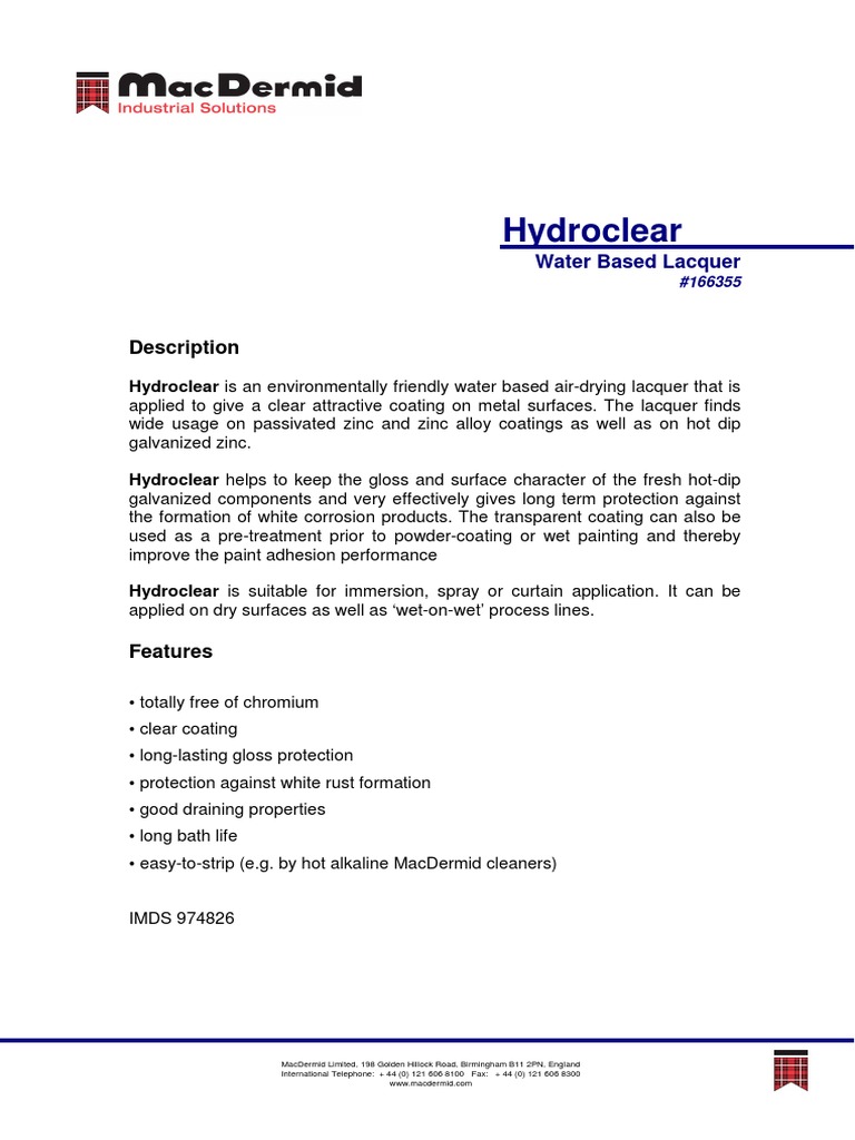 Hydroclear Spec Sheet | PDF | Galvanization | Industrial Processes