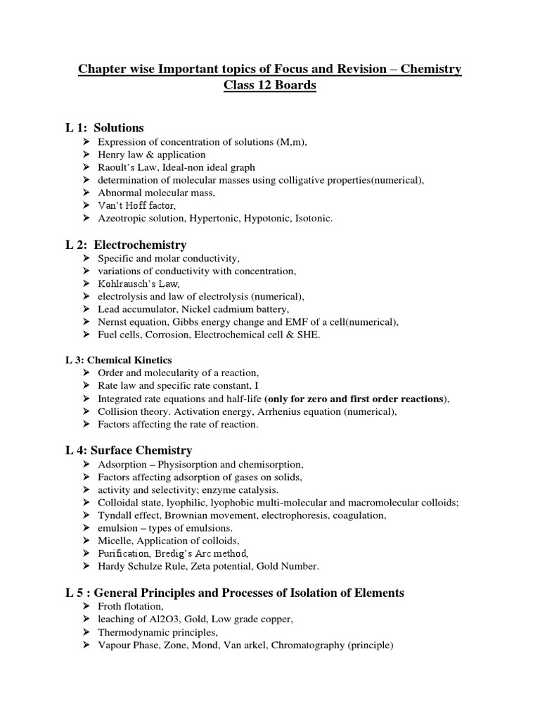 Chapter Wise Important Topics of Focus and Revision - Chemistry Class ...