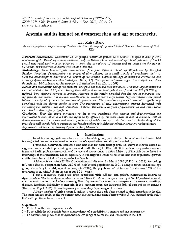 Anemia and Its Impact On Dysmenorrhea and Age at Menarche.: Dr. Rafia ...