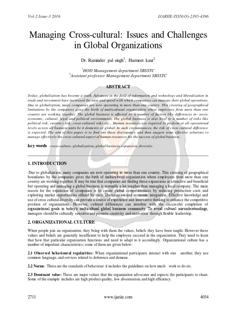Managing Cross Cultural Issues and Challenges in Global Organizations ...