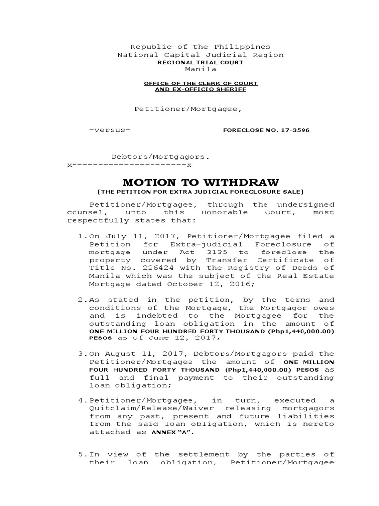 Motion To Withdraw Petition For Foreclosure | PDF | Mortgage Law ...