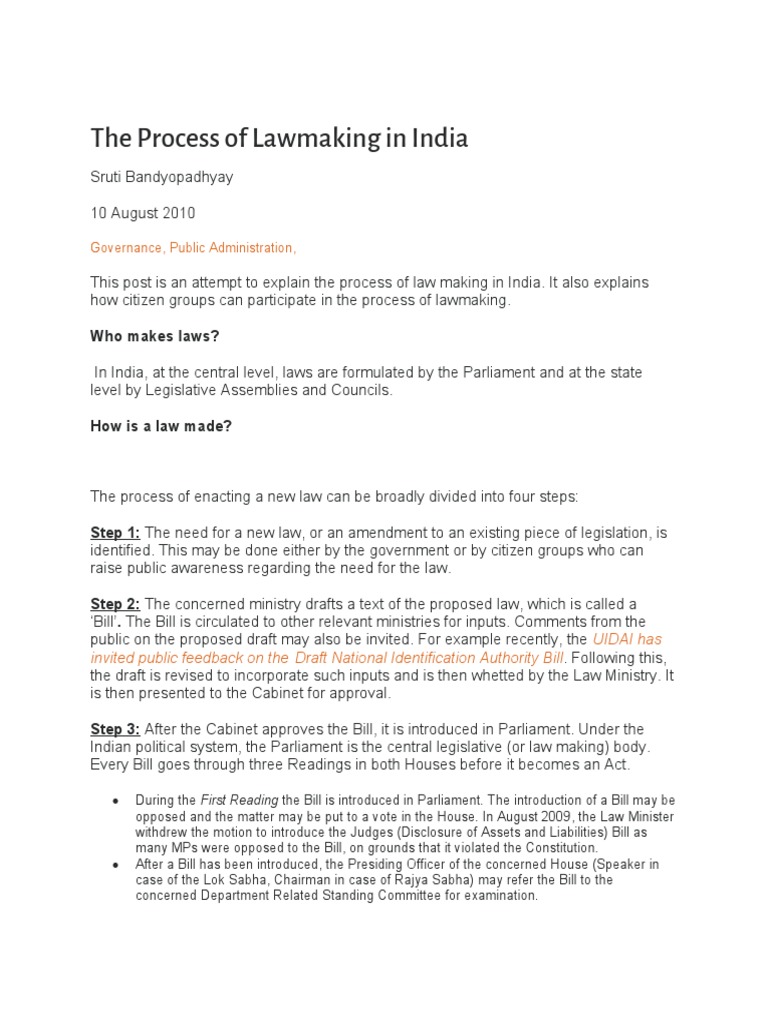 The Process of Lawmaking in India | PDF | Bill (Law) | Committee