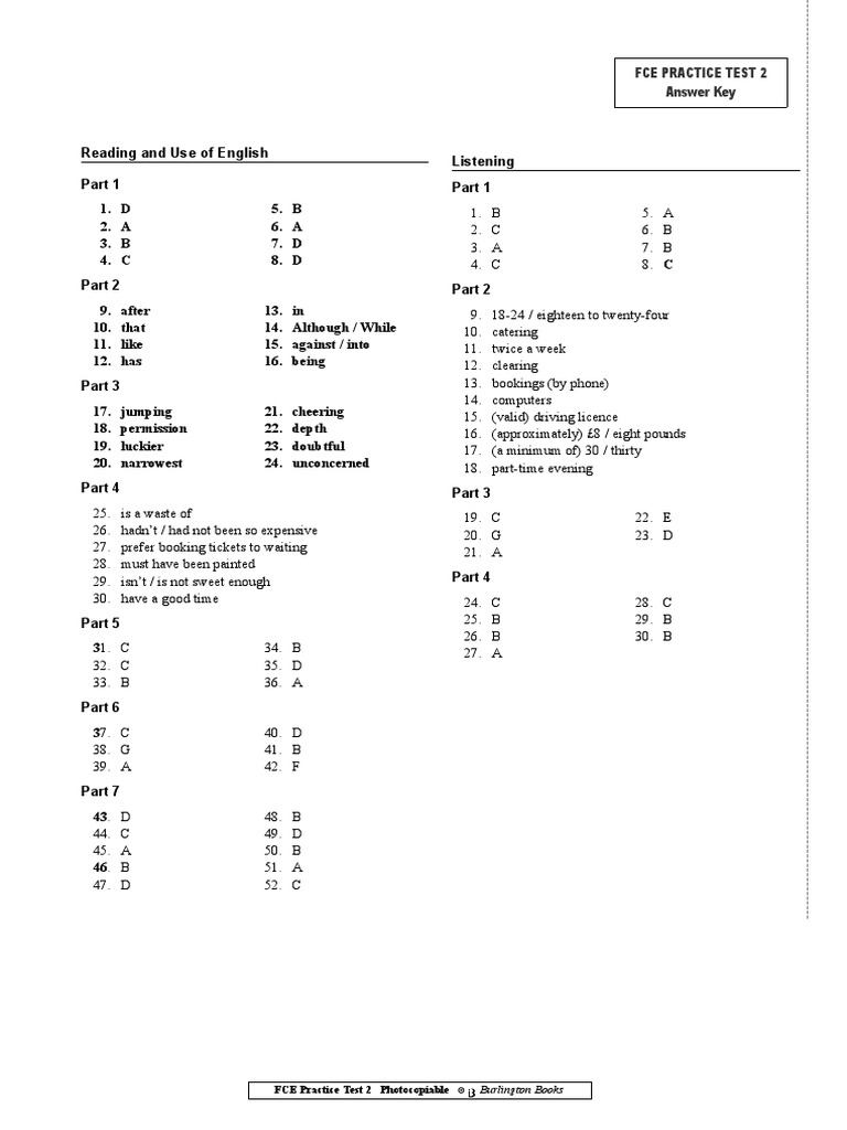 Fce Practice Test 2 Answer Key | PDF | Driving | Land Transport