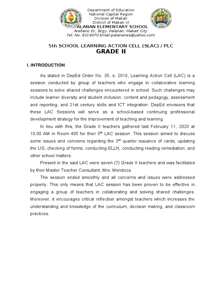 Grade Ii: 5Th School Learning Action Cell (Slac) / PLC | PDF | Teachers ...