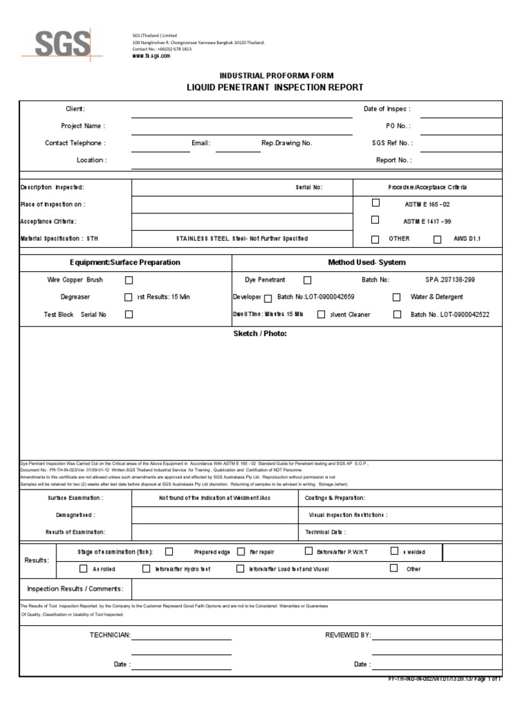 Liquid Penetrant Inspection Report: Industrial Proforma Form | Download ...