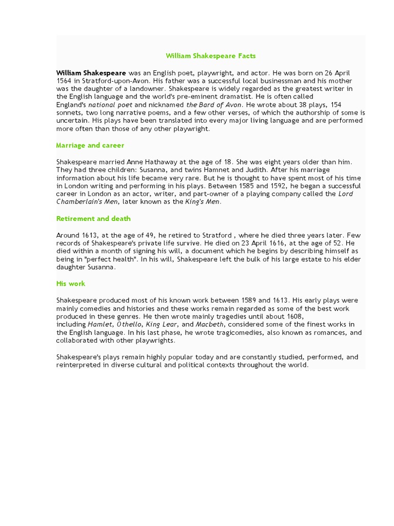 William Shakespeare Facts | PDF