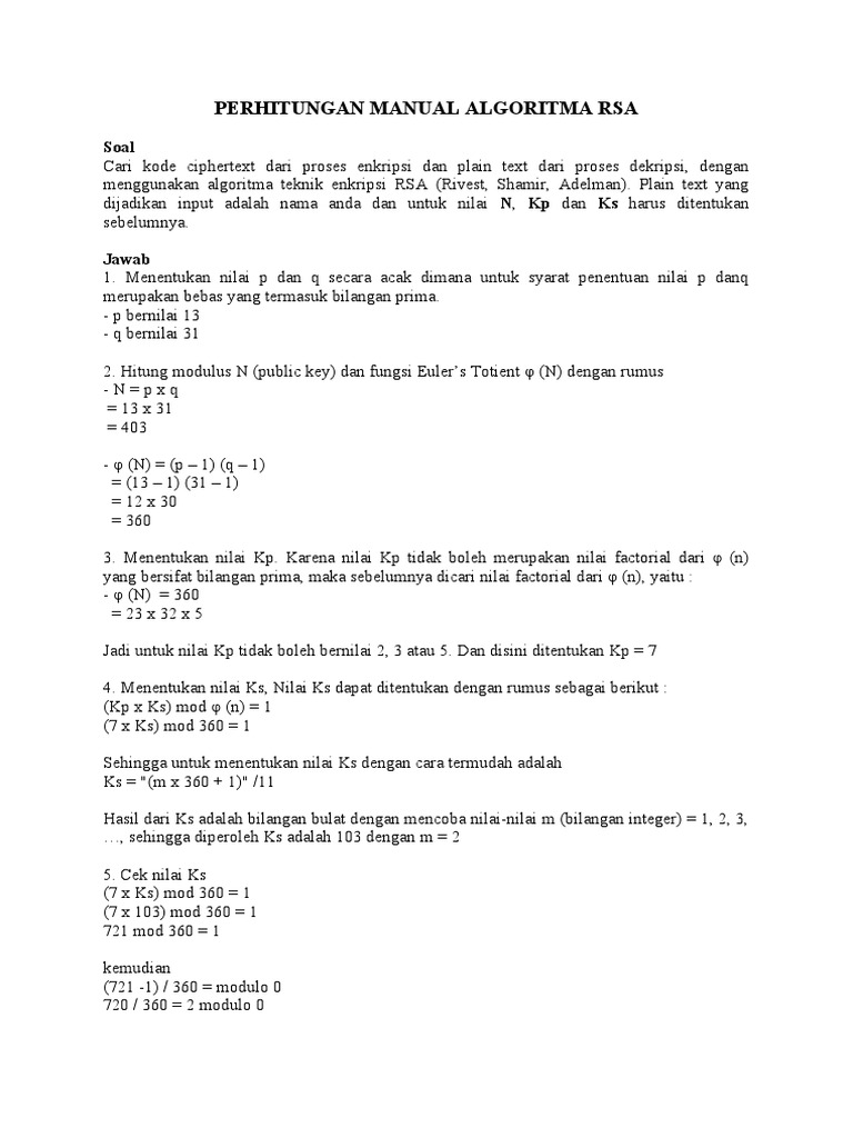 Perhitungan Manual Algoritma Rsa | PDF Perhitungan Manual Algoritma Rsa | PDF