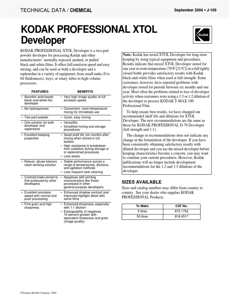 Kodak Professional Xtol Developer: Technical Data / Chemical | PDF ...