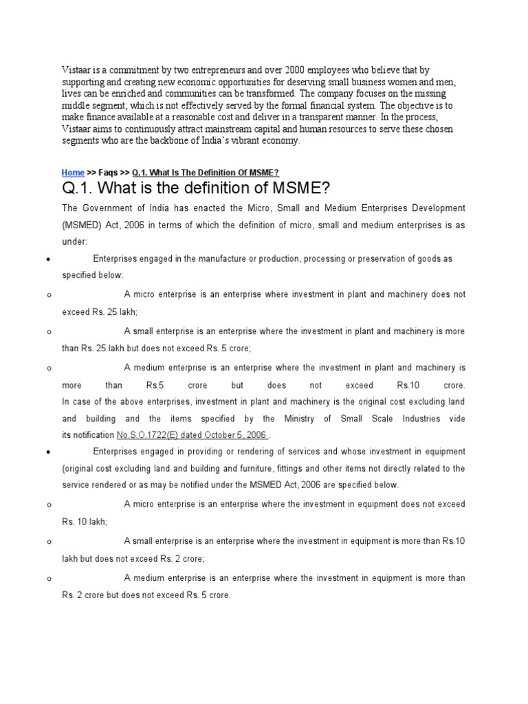 Q.1. What Is The Definition of MSME?: Faqs | PDF | Small And Medium ...