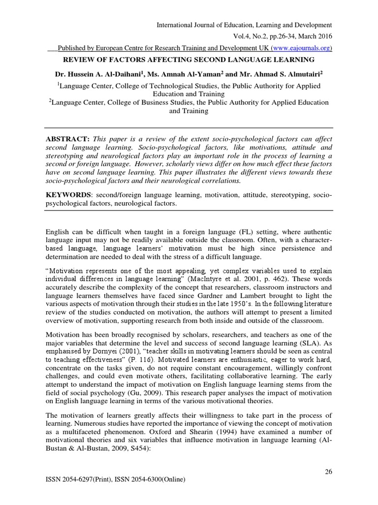 Review Of Factors Affecting Second Language Learning Pdf Second Language Second Language