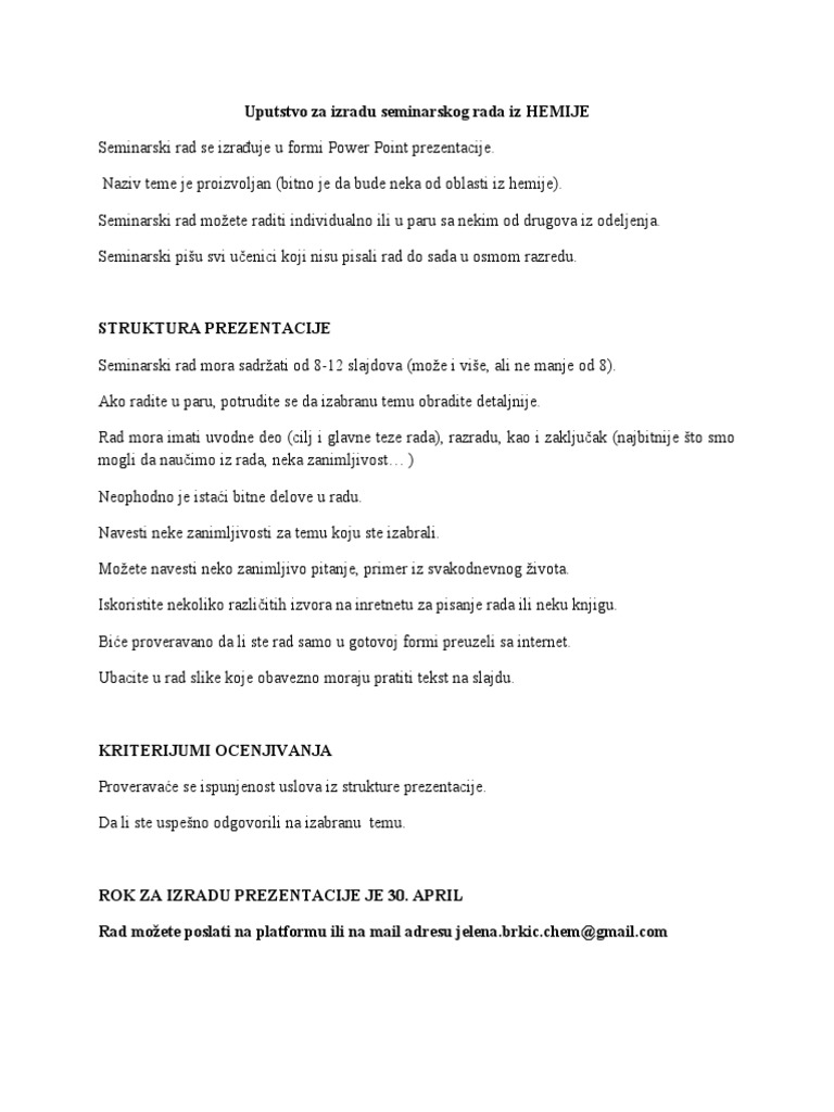 Uputstvo Za Izradu Seminarskog Rada Iz HEMIJE | PDF