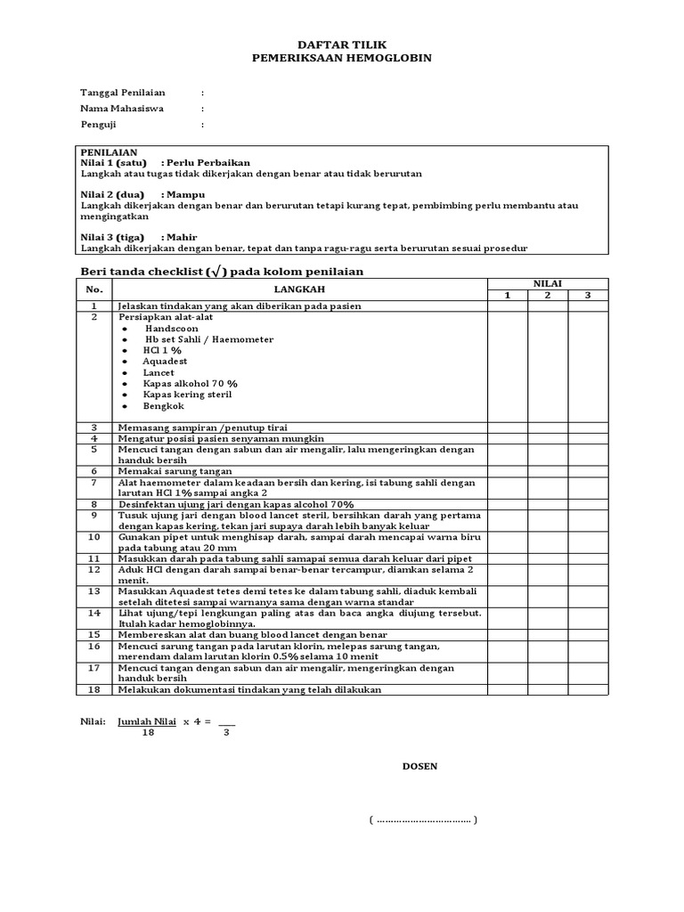 Daftar Tilik Pemeriksaan Hemoglobin | PDF