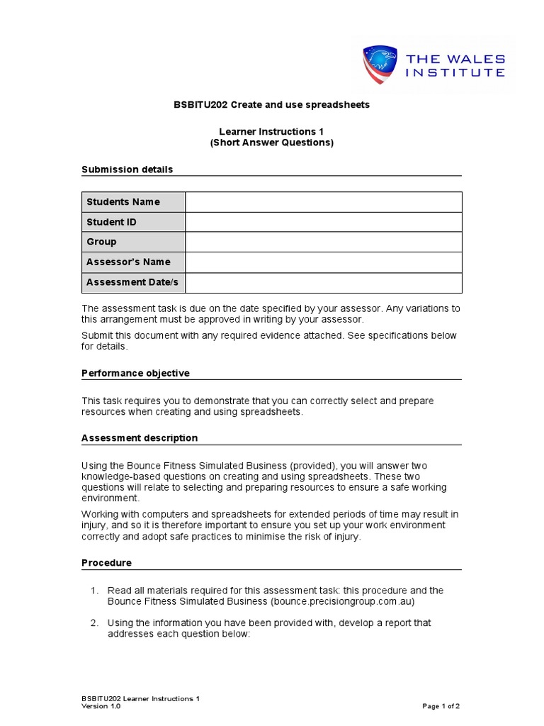 BSBITU202 Create and Use Spreadsheets Learner Instructions 1 (Short ...