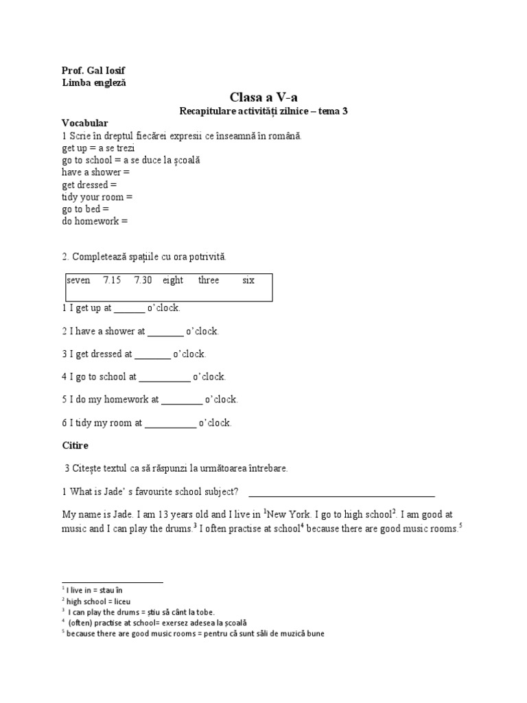 Clasa A V - Recapitulare Activitati Zilnice - Tema 3 | PDF