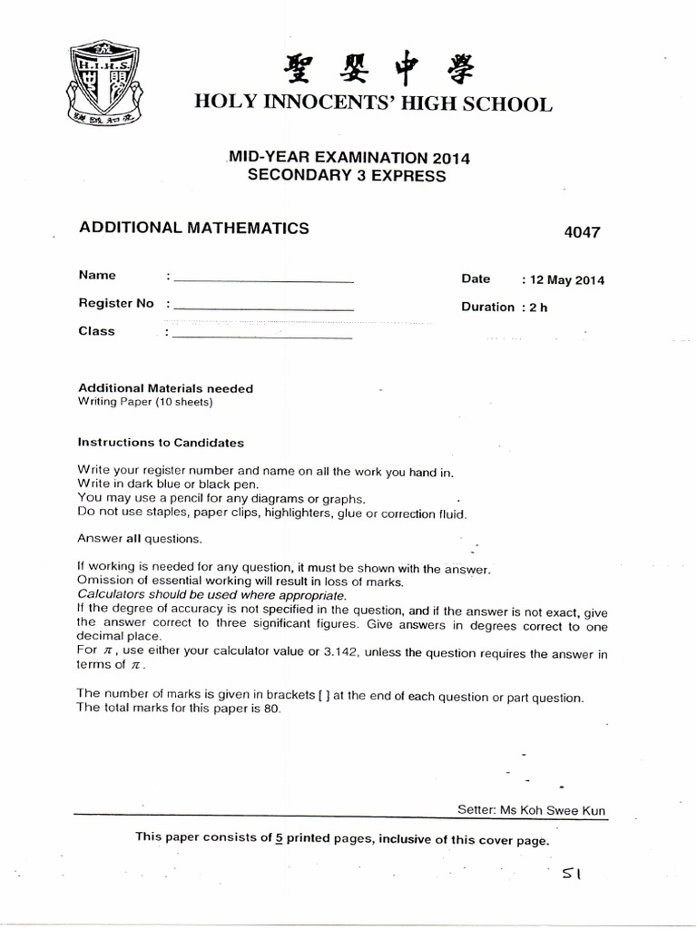 A-Math Sec 3 Sa1 2014 Holy Innocents High PDF | PDF
