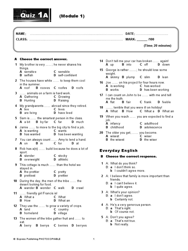 13 OnScreen B1plus Quizzes | PDF | Storms | Flood