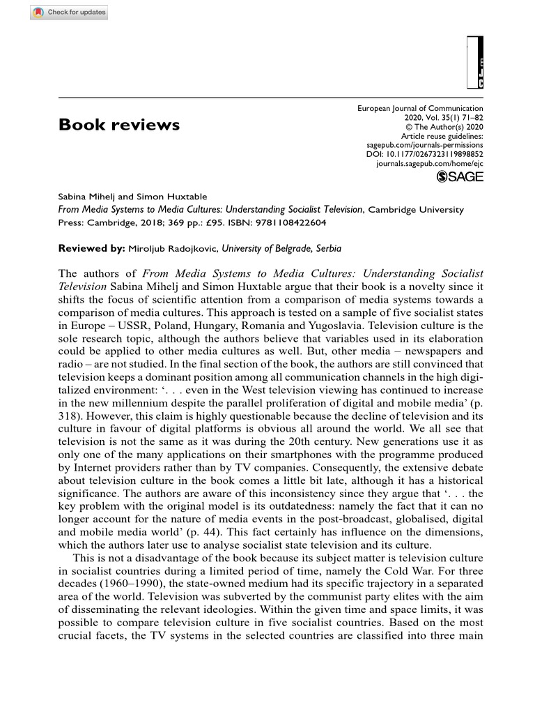 Book Reviews: Television Sabina Mihelj and Simon Huxtable Argue That ...