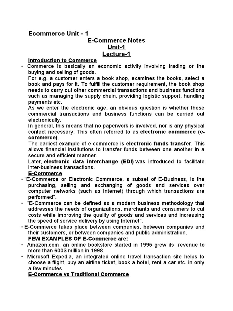 Ecommerce Unit - 1 E-Commerce Notes Unit-1 Lecture-1 | PDF | Electronic ...