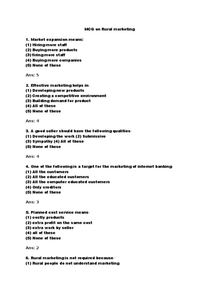 MCQ On Rural Marketing | PDF | Sales | Marketing