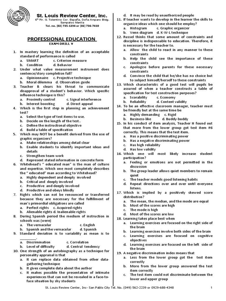 Professional Education Exam Drill Guide | PDF | Teachers | Mean