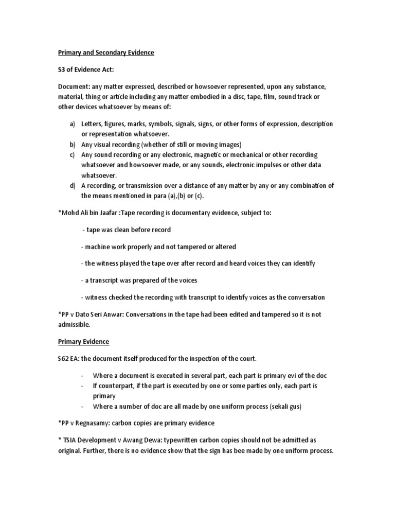 Primary and Secondary Evidence S3 of Evidence Act | PDF | Burden Of ...