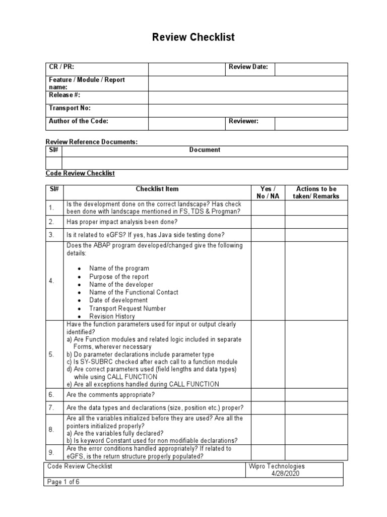 Abap Review Checklist Version Pdf Parameter Computer Programming Control Flow 