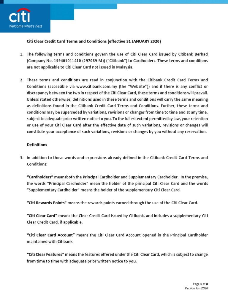 Citibank Clear Card TNC | PDF | Loyalty Program | Credit Card