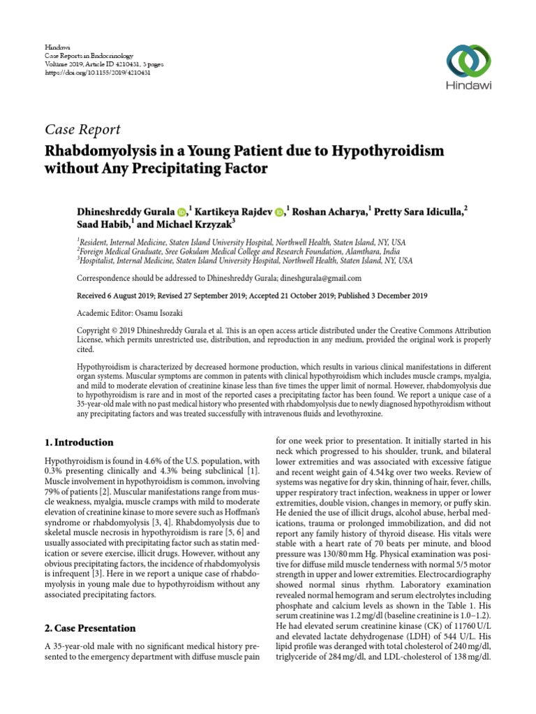 Case Report: Rhabdomyolysis in A Young Patient Due To Hypothyroidism Without Any Precipitating ...