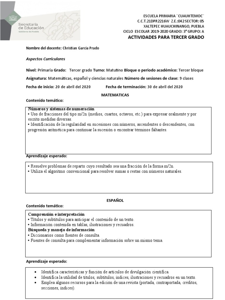 Actividades Tecer Grado | PDF | Educación primaria | Temperatura