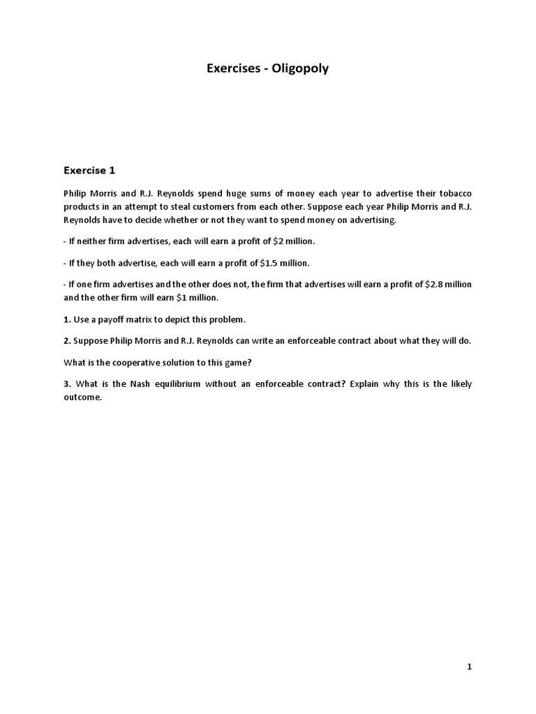 Exercises - Oligopoly: Exercise 1 | Download Free PDF | Profit (Economics) | Monopoly