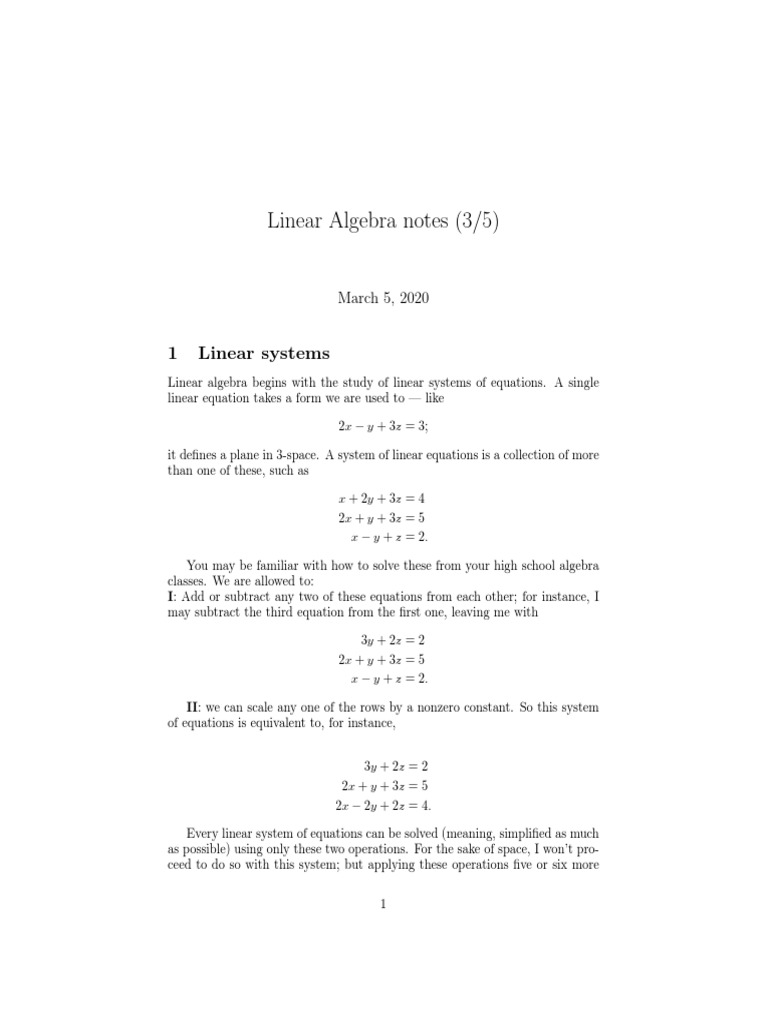 5) Linear Algebra Notes and Problems PDF | PDF | Linear Map | Equations