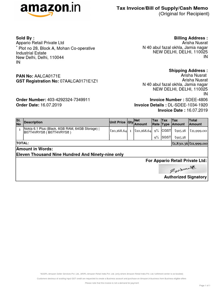Invoice Nokia 6.1plus | PDF