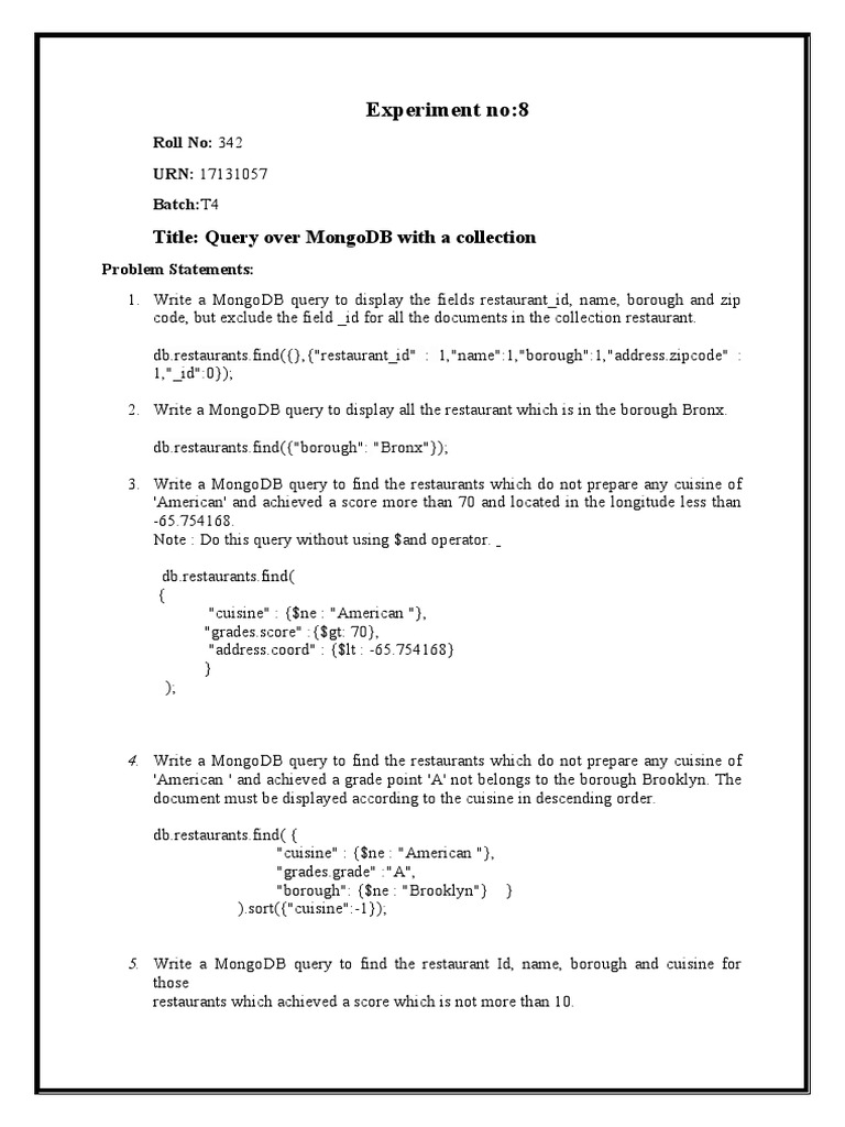 Experiment No:8: Title: Query Over Mongodb With A Collection | PDF | Mongo Db | Information ...