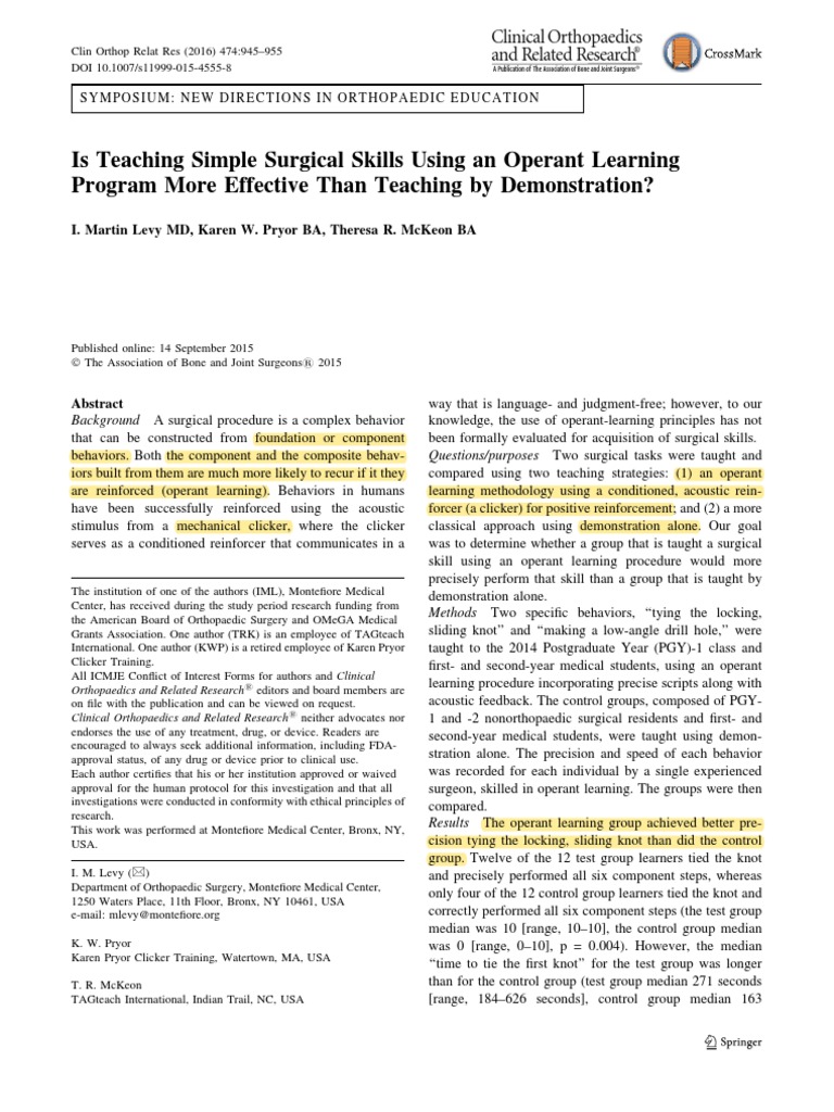 Is Teaching Simple Surgical Skills Using An Operant Learning Program ...