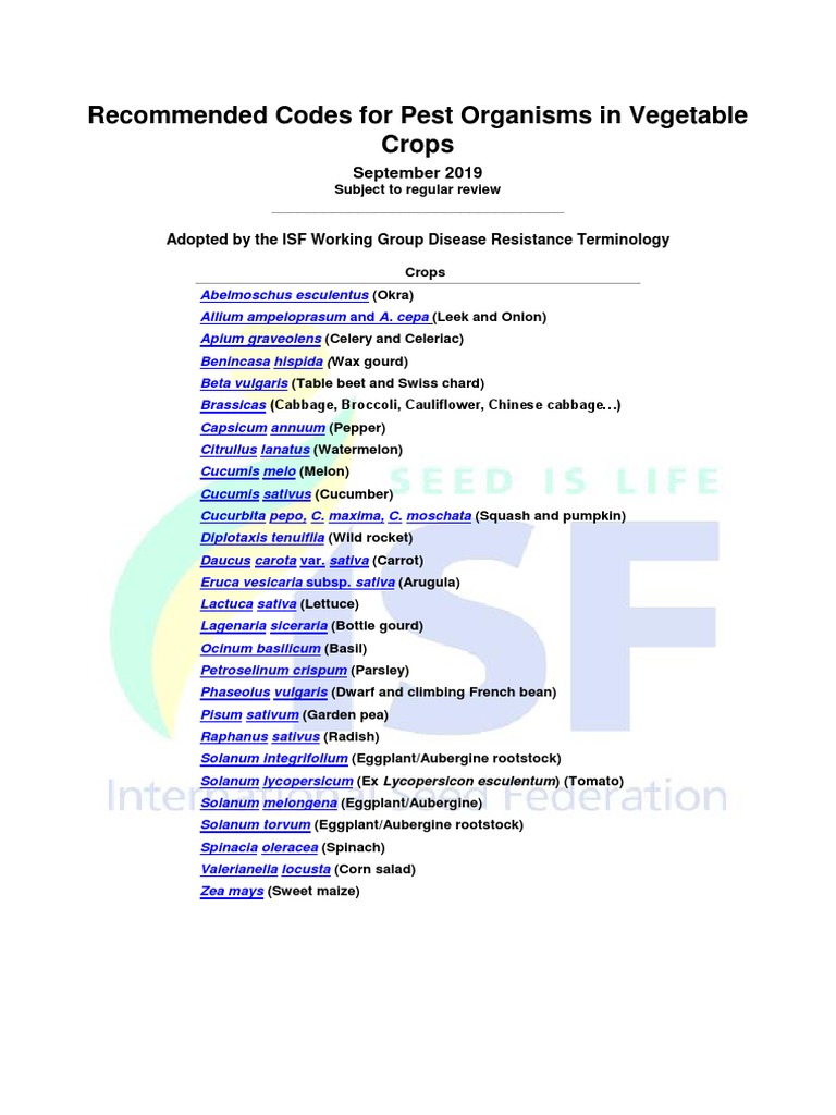 Recommended Codes For Pest Organisms in Vegetable Crops: September 2019 ...