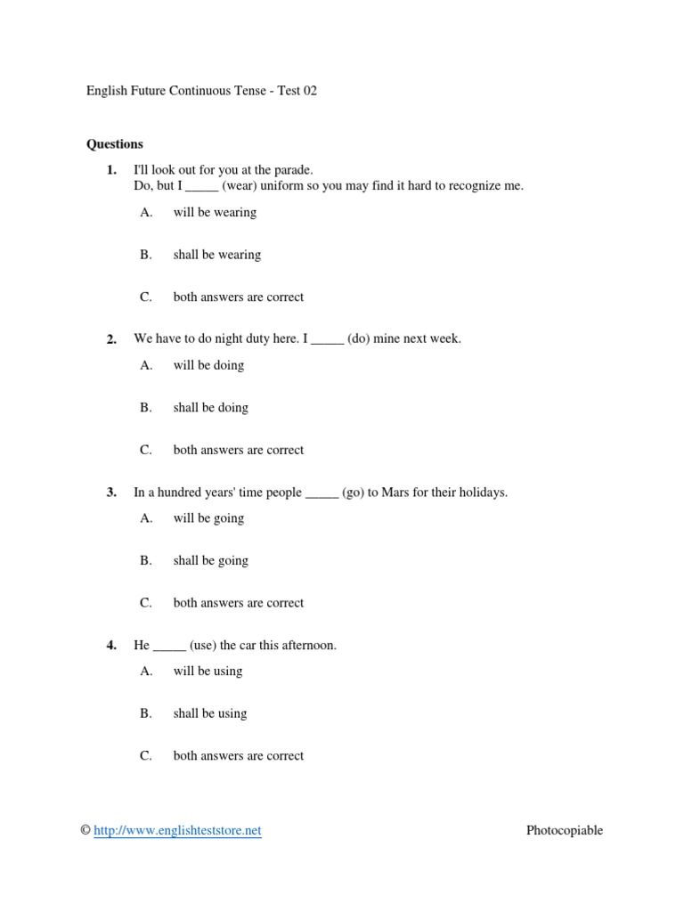 English Future Continuous Tense - Test 02 PDF | PDF