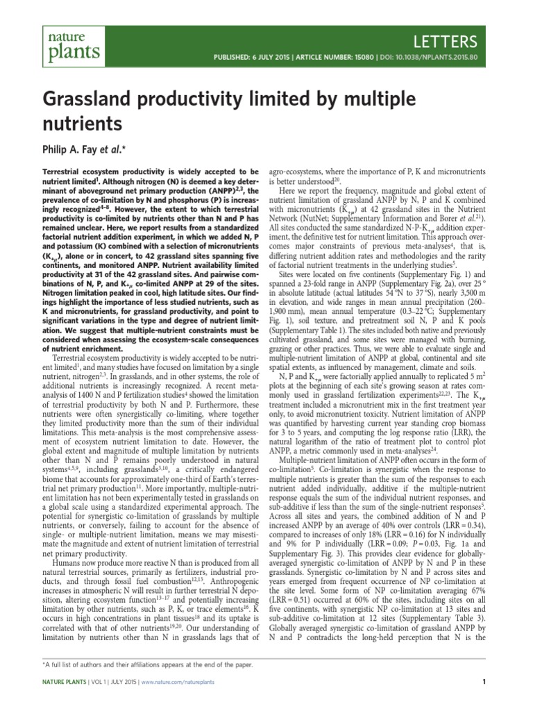 Grassland Productivity Limited by Multiple Nutrients: Letters | PDF ...