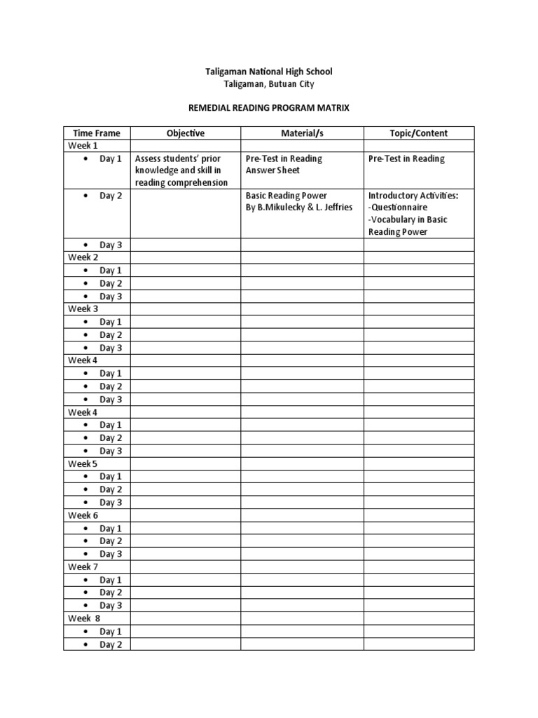 Matrix in Remedial Reading