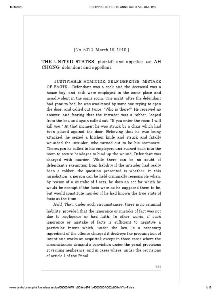 12 US Vs Ah Chong G.R. No. 5272 | PDF | Crime & Violence | Crime Thriller