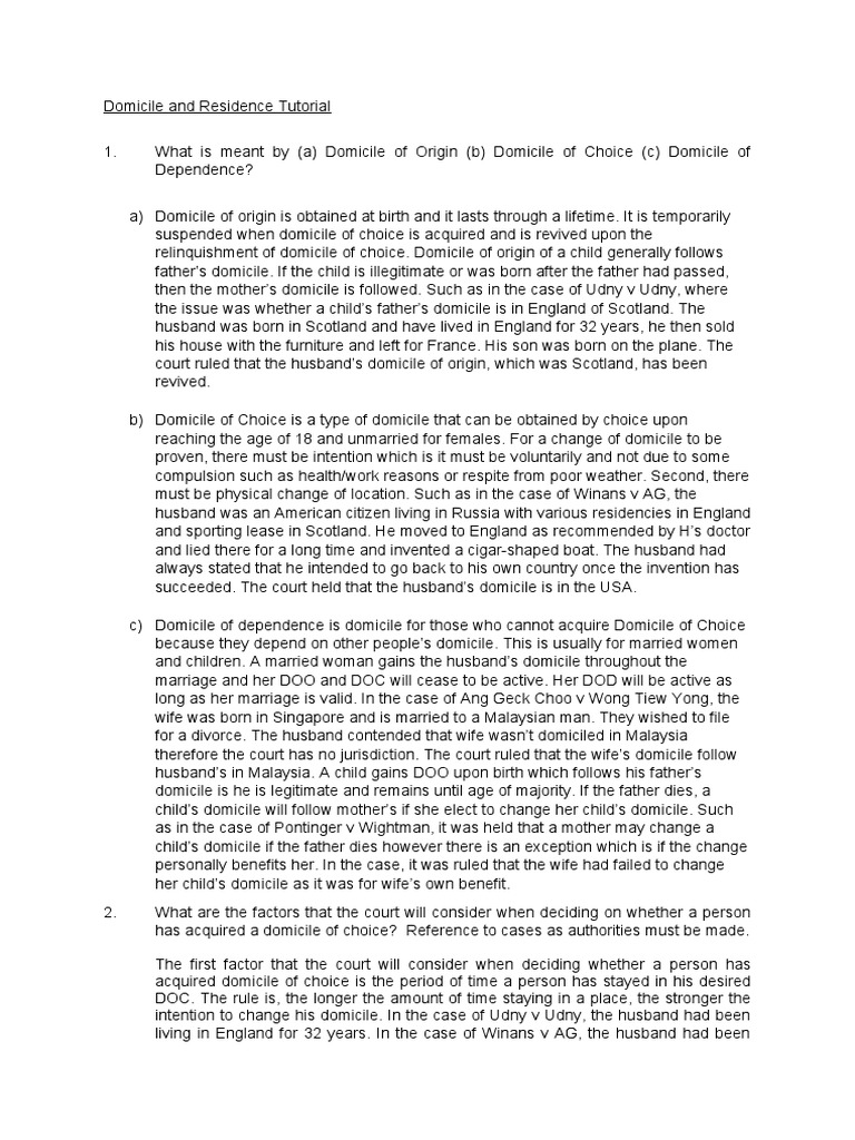 Domicile and Residence Tutorial | PDF | Domicile (Law) | Civil Law ...