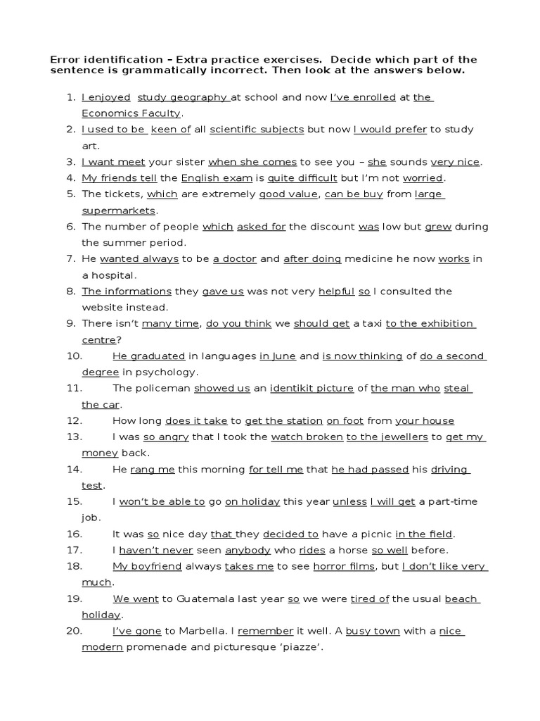 Error Identification - Extra Practice Exercises. Decide Which Part of ...