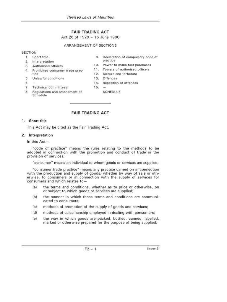 Fair Trading Act of Mauritius Overview | PDF | Contractual Term ...