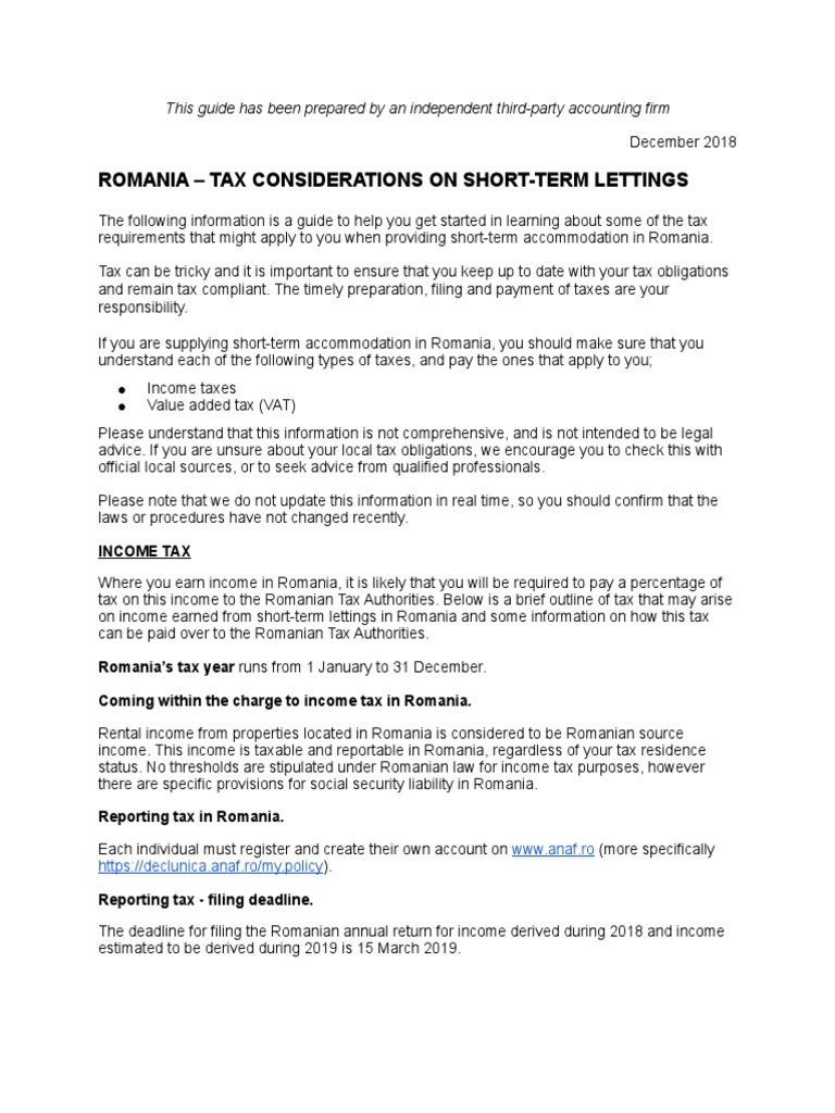 Romania - Tax Considerations On Short-Term Lettings | PDF | Value Added ...