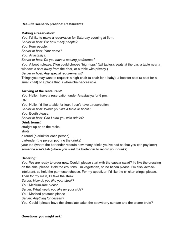 Restaurant Scenario Practice Guide | PDF | Hors D'oeuvre | Eating ...