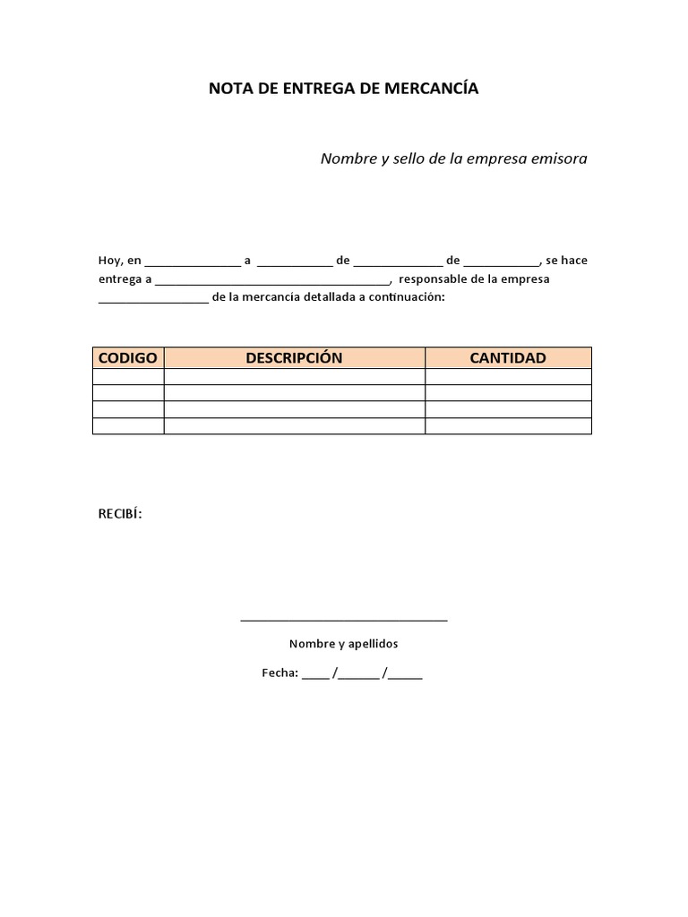 Ejemplo Nota de Entrega Mercancia Word | PDF