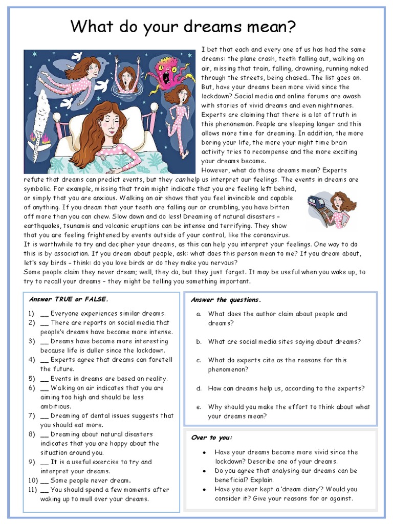 What Do Your Dreams Mean?: Answer TRUE or FALSE. Answer The Questions ...