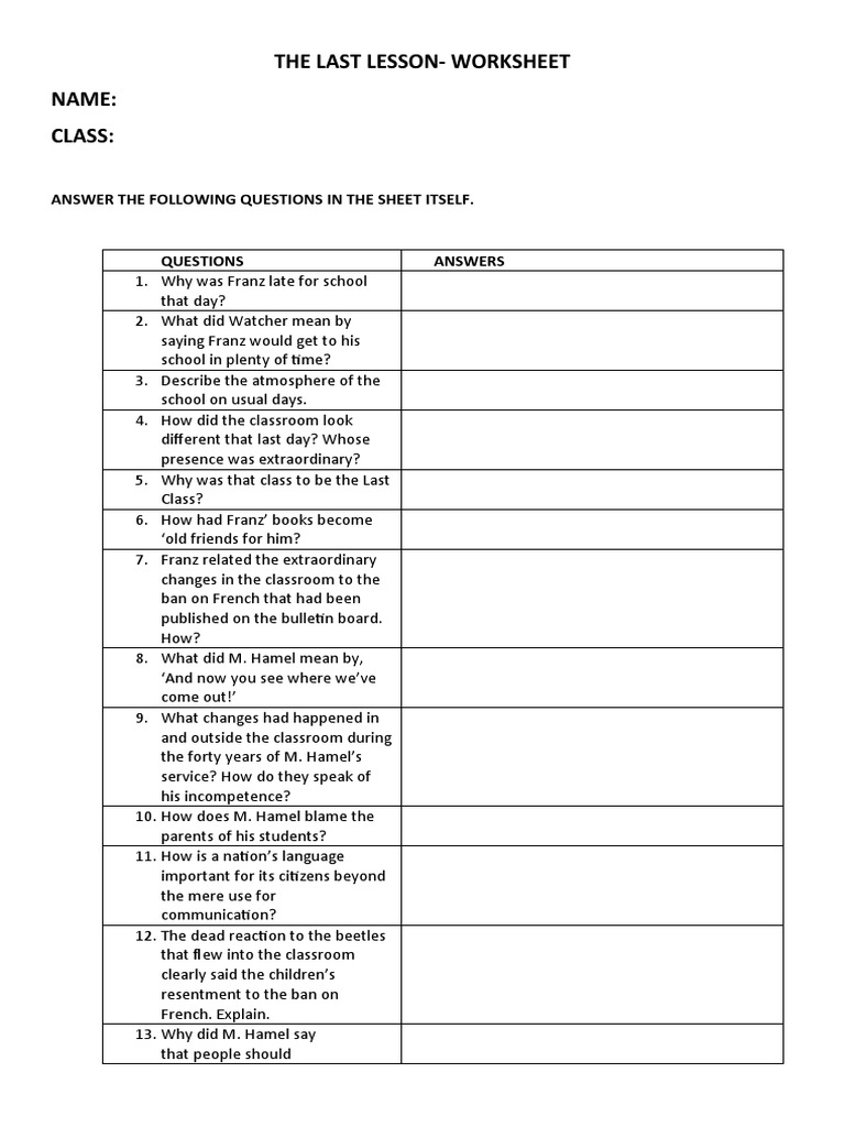 The Last Lesson-Worksheet Name: Class:: Answer The Following Questions ...