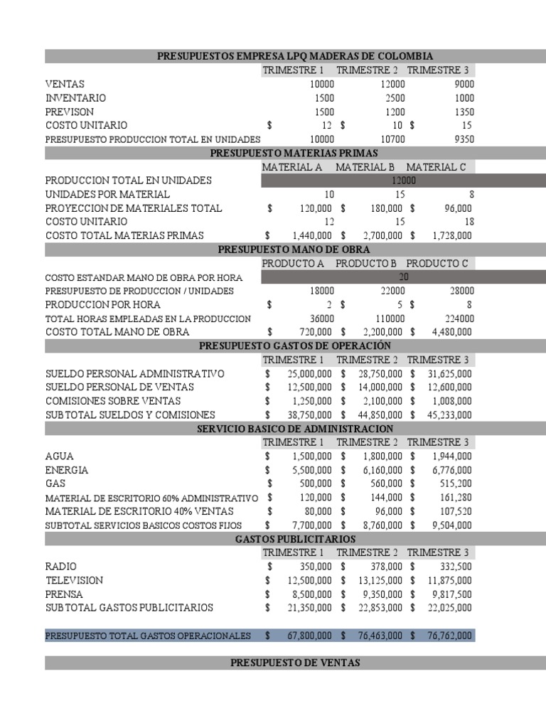 Presupuestos para La Empresa LPQ Maderas de Colombia | PDF | Presupuesto | Economias